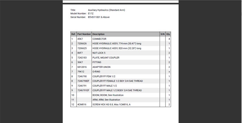 Bobcat E17Z Excavator Serial Number: B5VD11001 & Above Spare Parts Manual Parts Catalog PDF ...