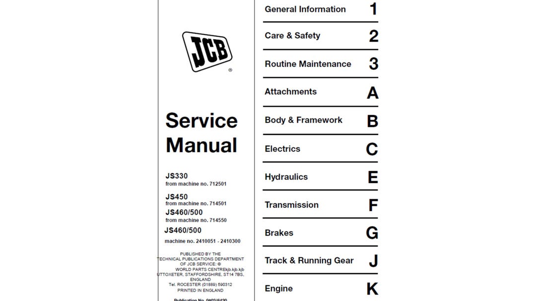 JCB JS330 JS450 JS460 and JS500 Excavator Publication Number 9803/6420 ...
