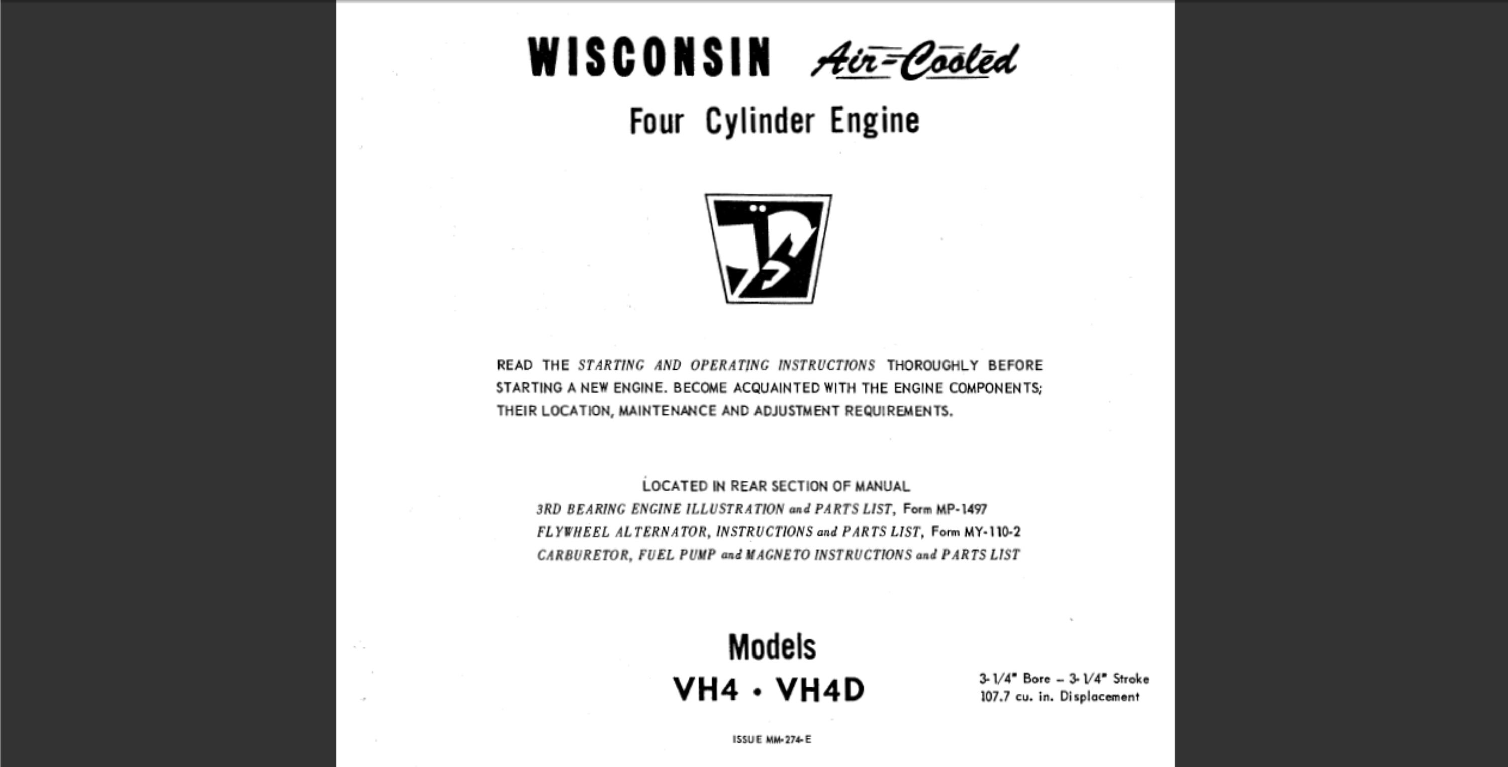 Wisconsin VH4 and VH4D Engines Instructions Book and Parts List Manual ...