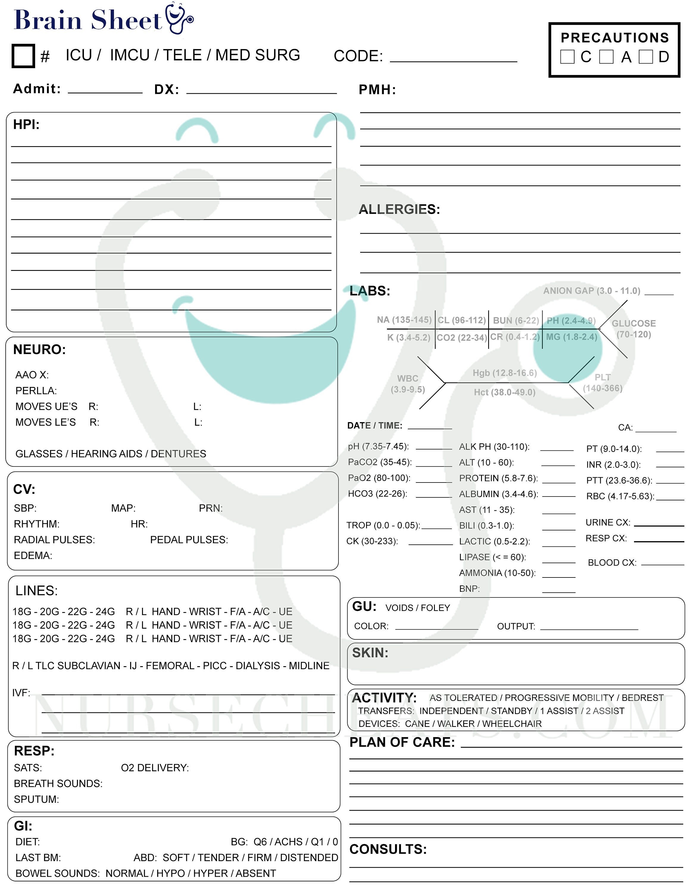 ICU Brain Sheet for ICU Nurses - Etsy