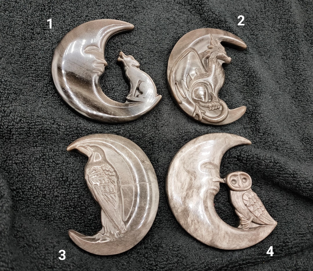 Silver Obsidian Moon Carving, Silver Obsidian Owl, Silver Obsidian Crow ...