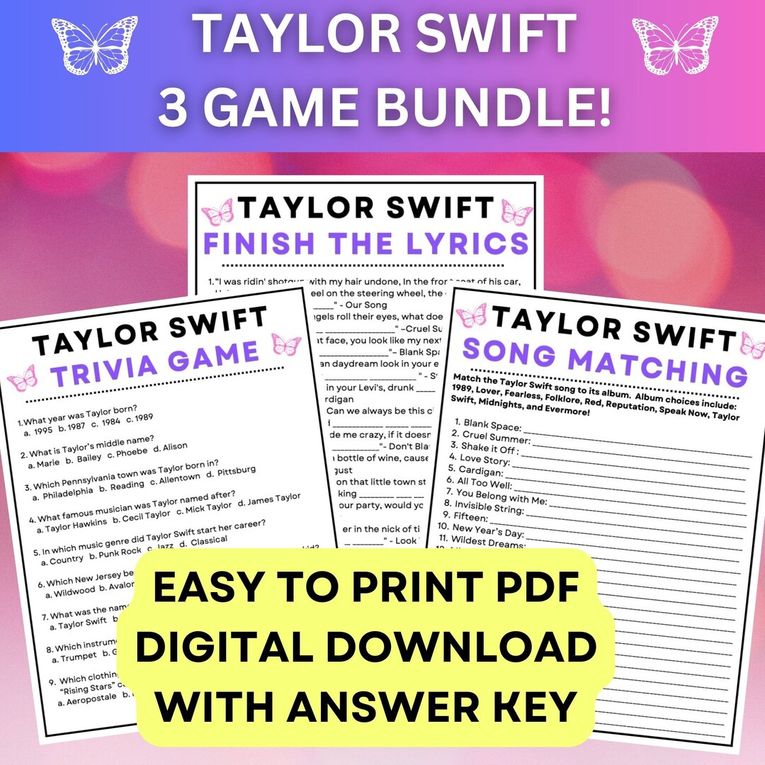 Taylor Swift 3 Game Bundle Taylor Trivia, Finish the Lyrics, and Matching. PDF Digital Instant ...