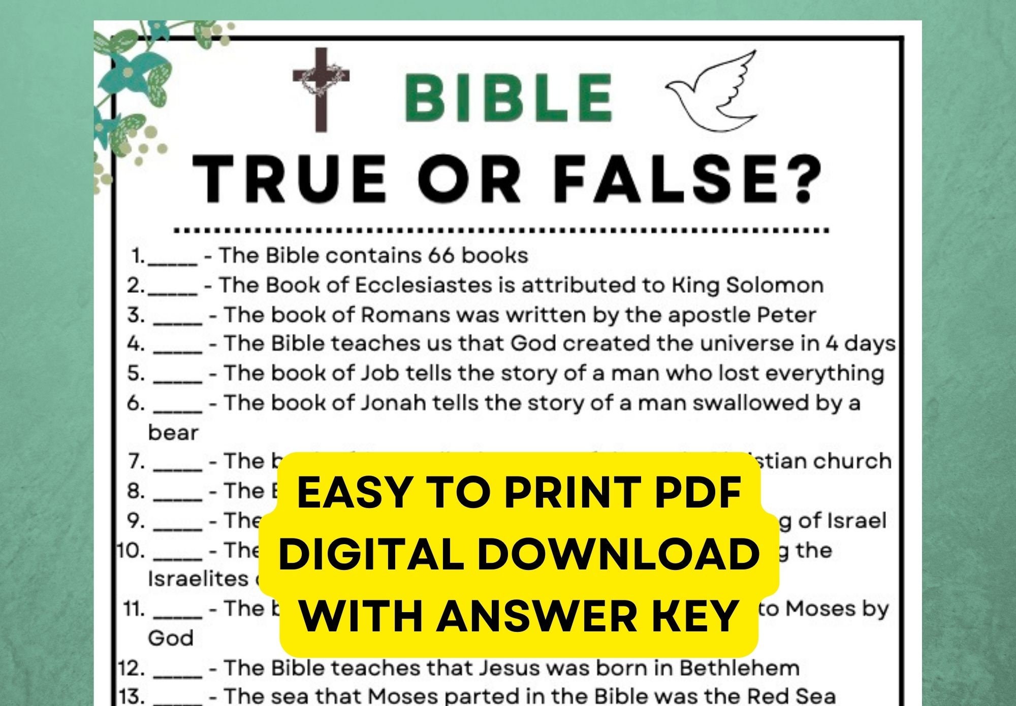Bible True or False Game! Instant Digital Download PDF Printable 25 ...