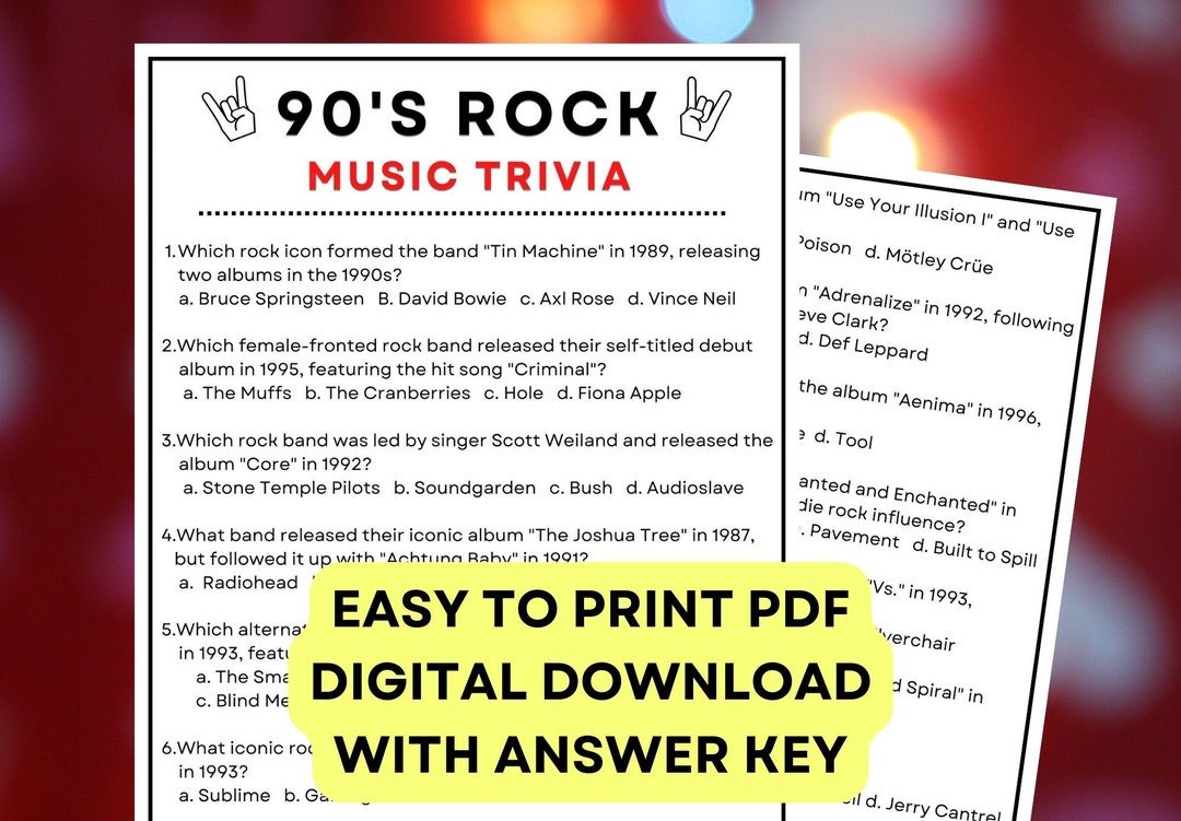 90s Rock Music Trivia Game Digital PDF Instant Printable Trivia Game