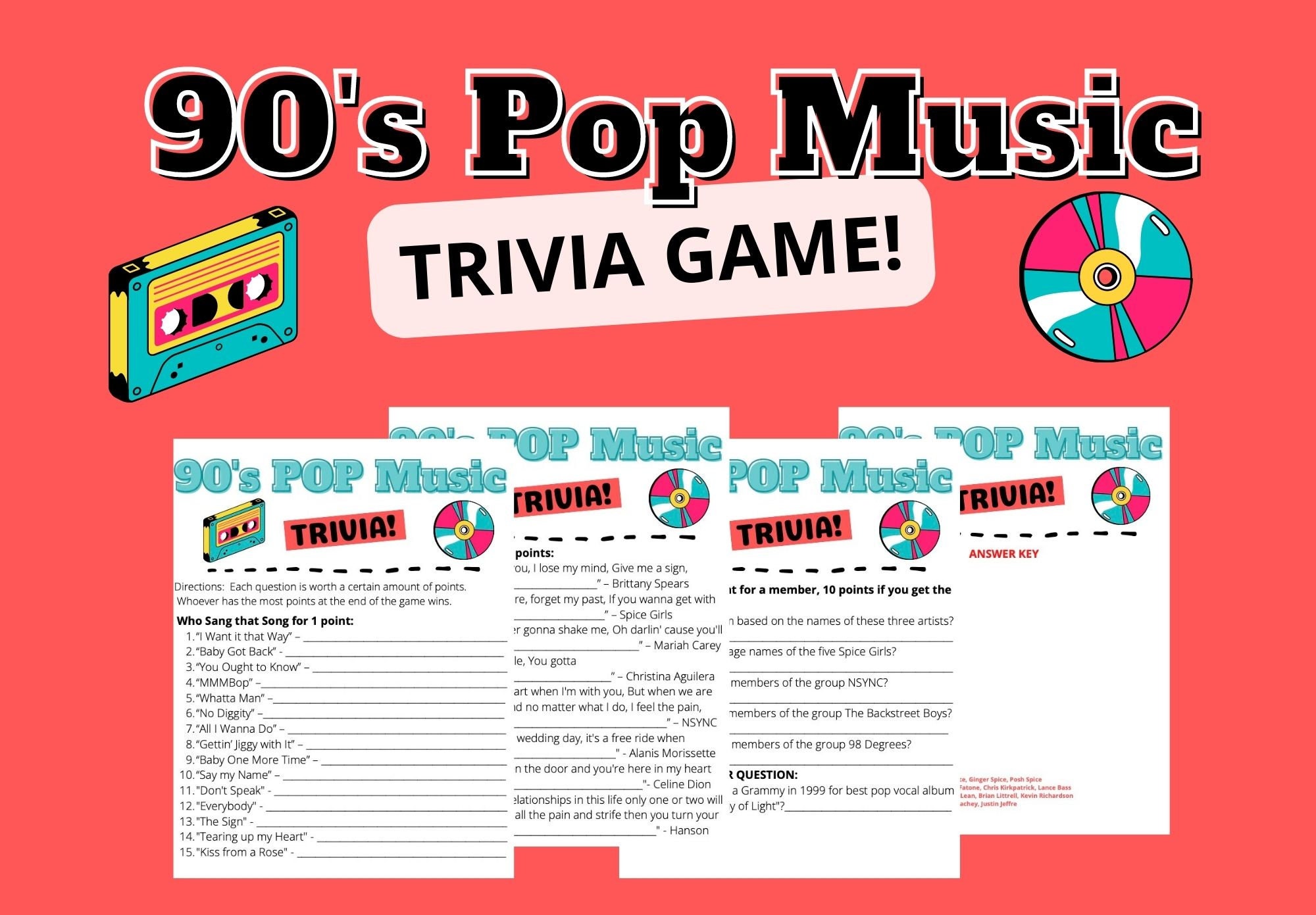 90's Pop Music Trivia Game! Digital PDF Download With 3 Rounds, 28 ...