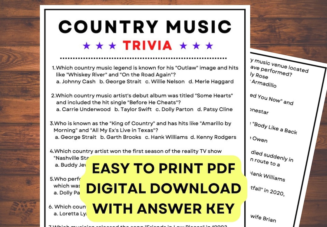 Country Music Trivia Game! Digital PDF Instant Printable Trivia Game ...