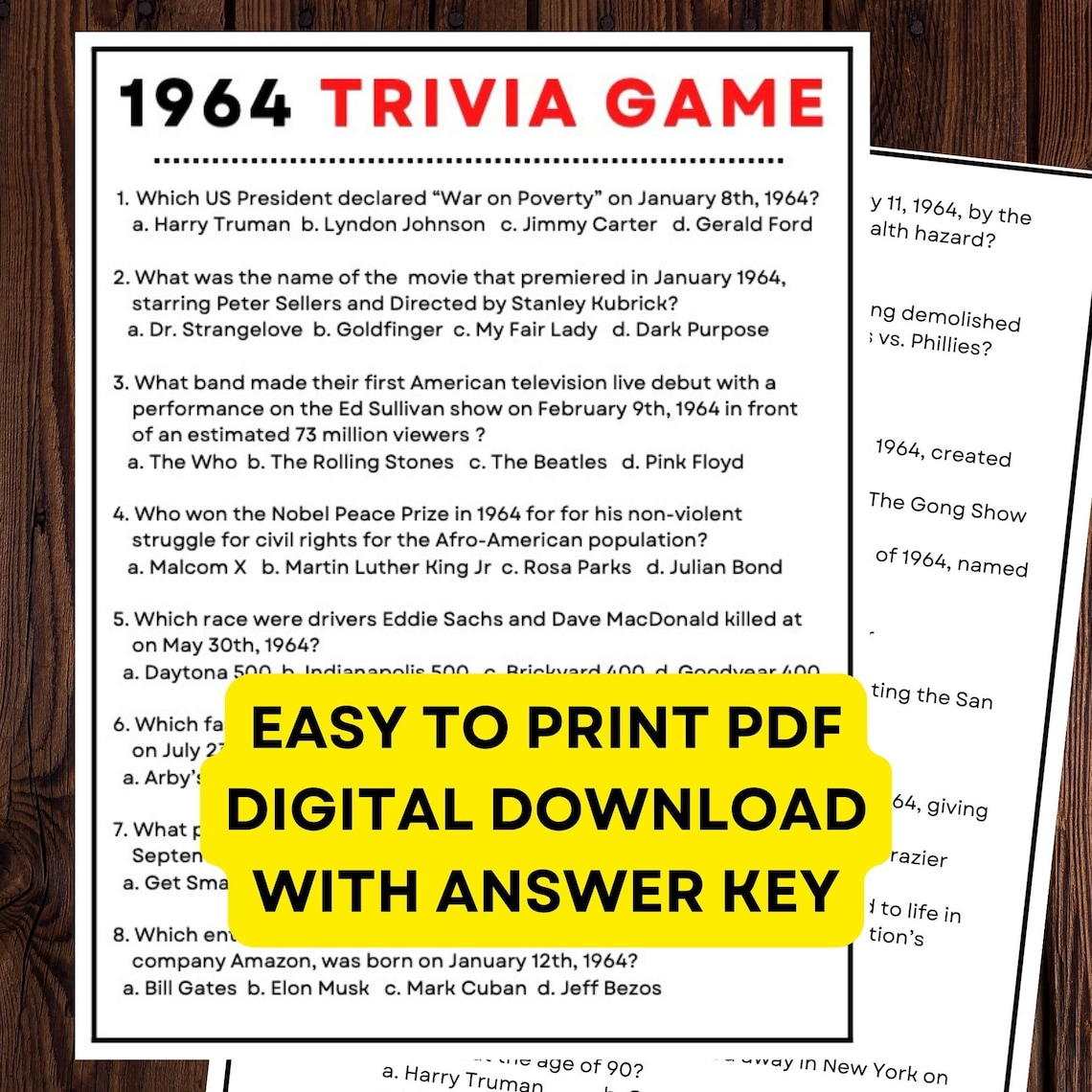 1964 Trivia Game, 60th Birthday Party Game, PDF Printable Instant ...