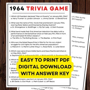 1964 Trivia Game, 60th Birthday Party Game, PDF Printable Instant ...