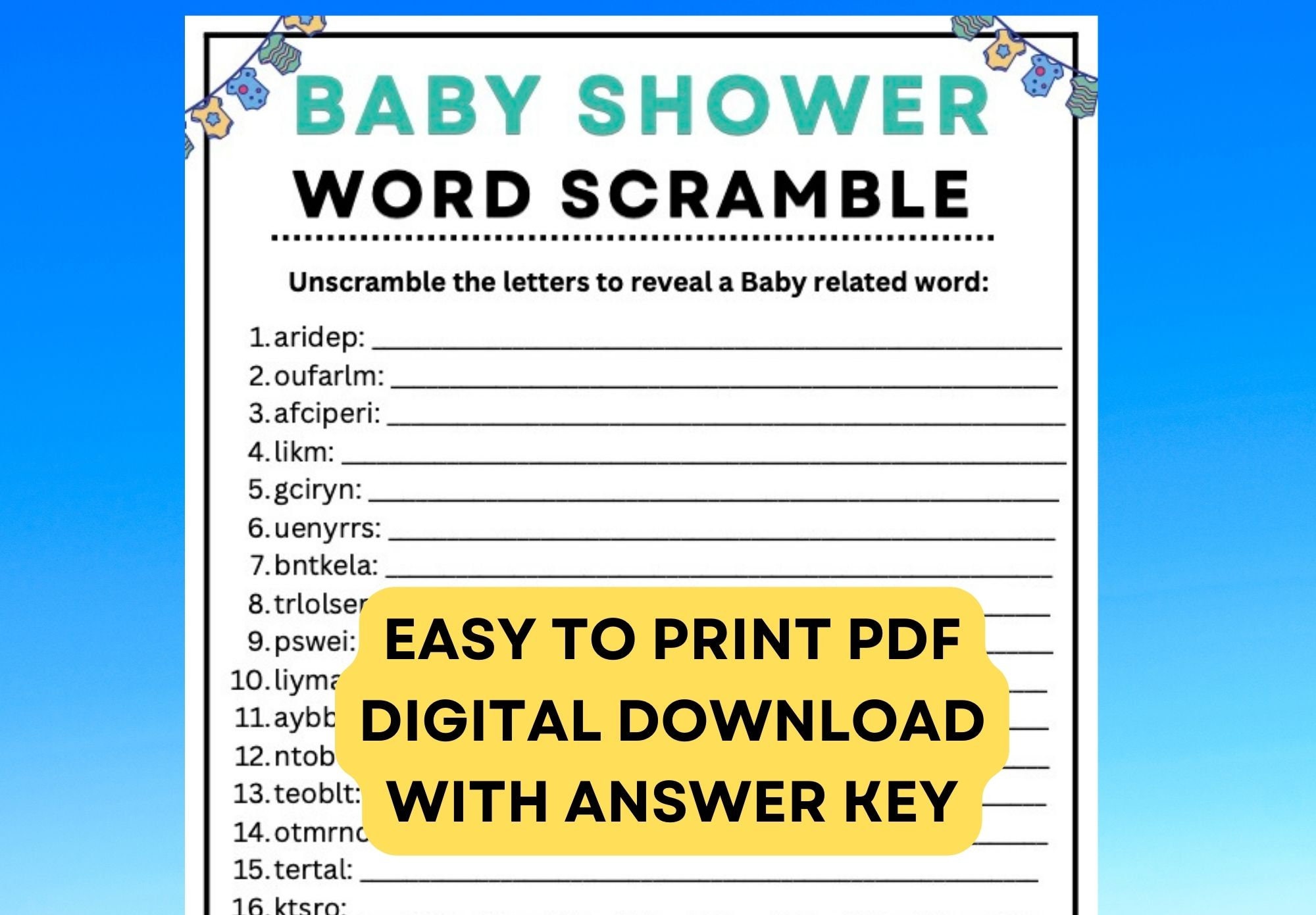 Baby Shower Word Scramble Game! 22 Questions With Answer Key ...