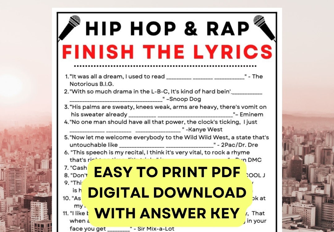 Hip Hop and Rap Finish the Lyrics Game! PDF Digital Instant at Home ...
