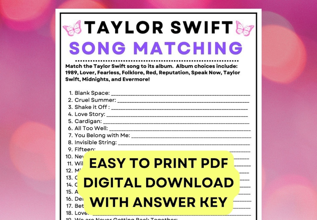 Taylor Swift Song Matching Game PDF Digital Instant at Home Download ...