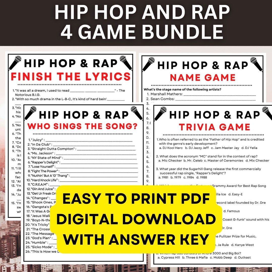 Hip Hop and Rap Game Bundle! 4 Games Include Trivia, Name Game, Finish ...