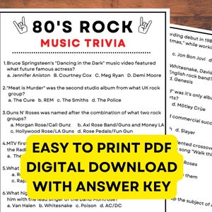 80s Rock Music Trivia Game! Digital PDF Instant Printable Game With ...