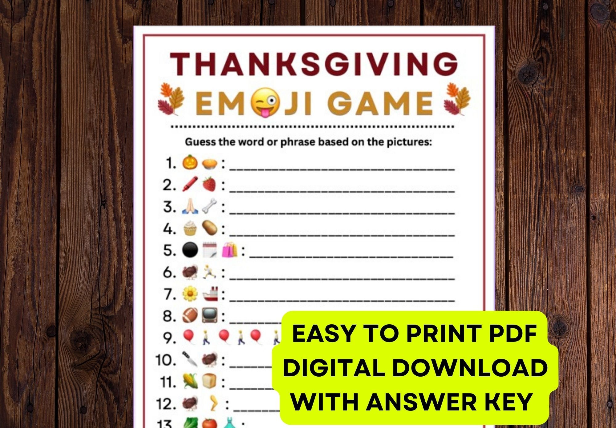 Thanksgiving Emoji Game! PDF Printable Digital Instant Download, Adult ...