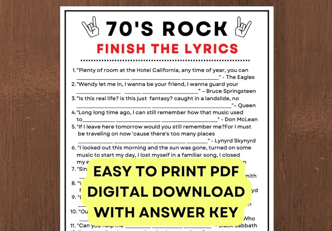 70s Rock Finish the Lyrics Game! Digital PDF Instant Printable Trivia ...