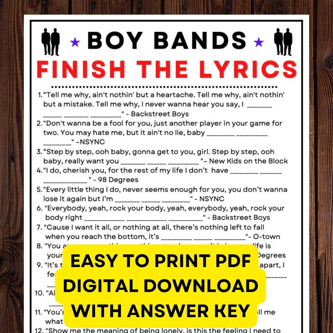 Boy Bands Finish the Lyrics Game! Digital PDF Instant Printable Trivia ...