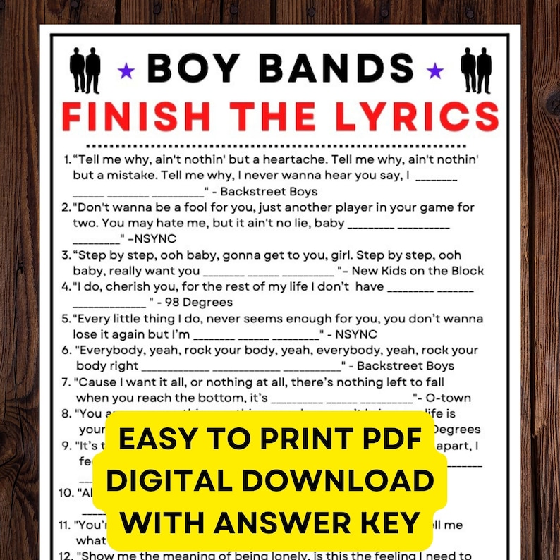 Boy Bands Finish the Lyrics Game! Digital PDF Instant Printable Trivia ...