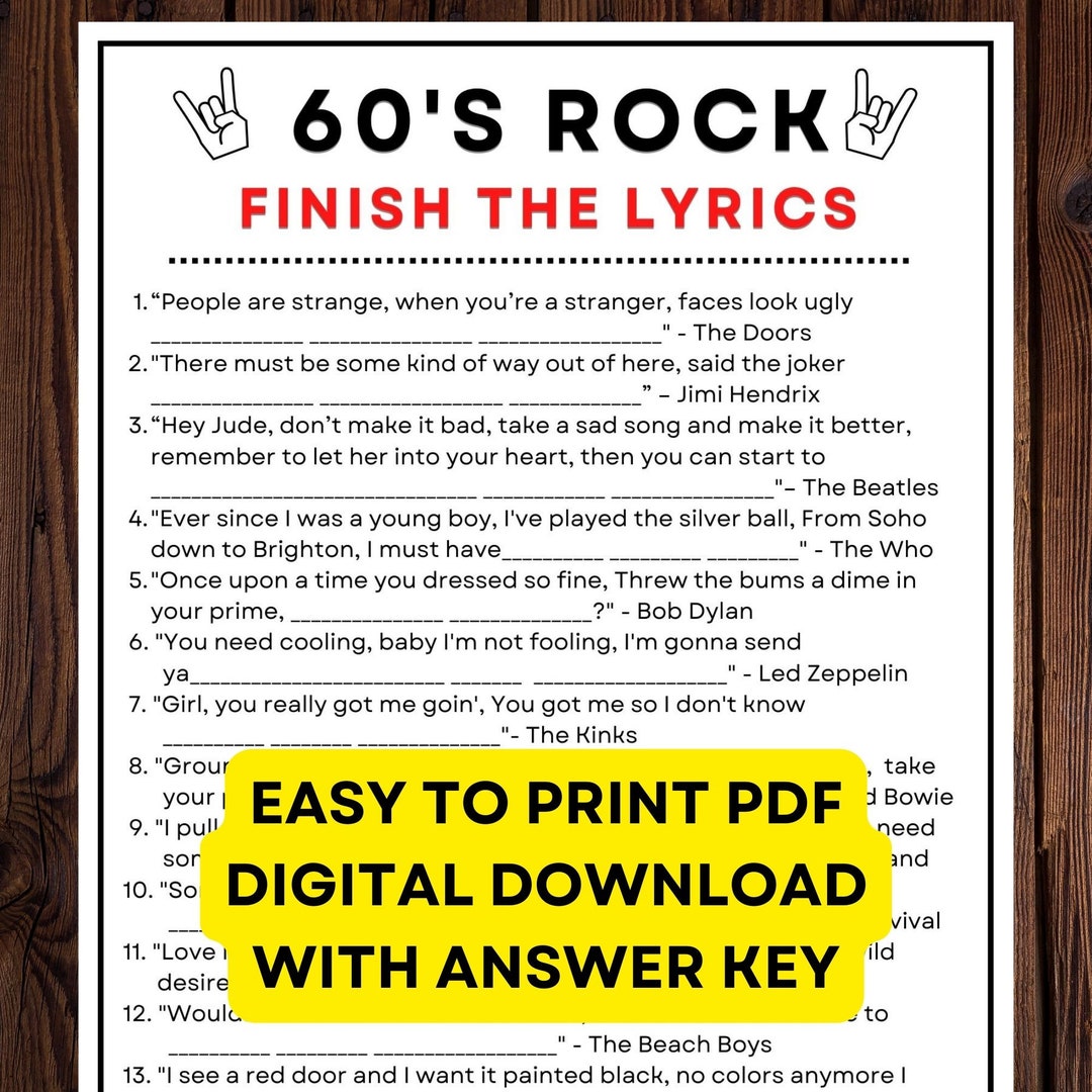 60s Rock Game Finish the Lyrics? Digital PDF Instant Printable Trivia ...