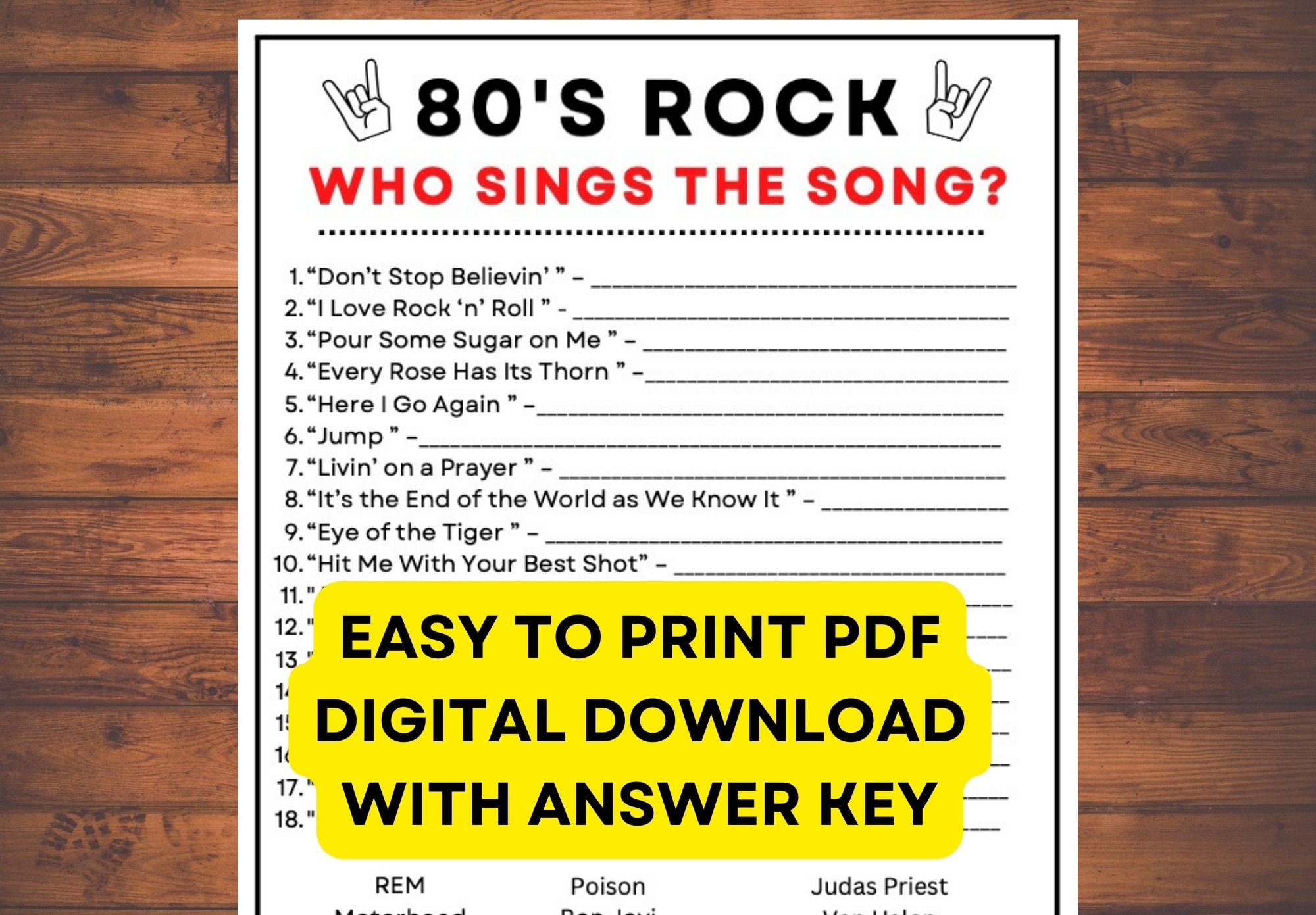80s Rock Music Game Who Sings the Song? Digital PDF Instant Printable ...