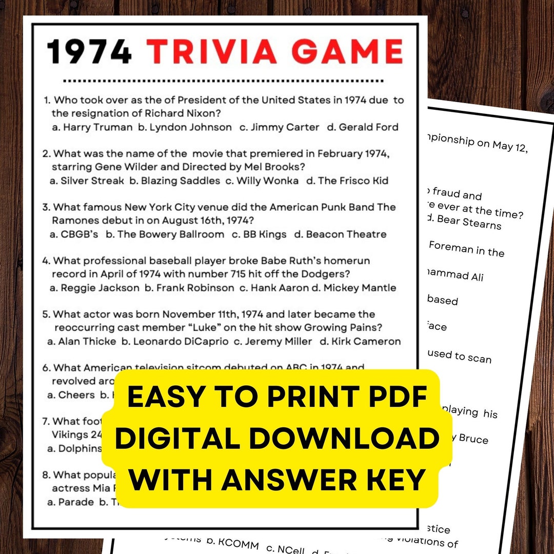 1974 Trivia Game, 50th Birthday Party Game, Instant Digital Download ...