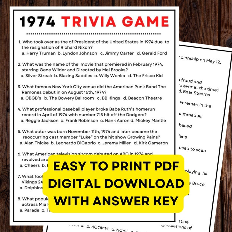 1974 Trivia Game, 50th Birthday Party Game, Instant Digital Download ...