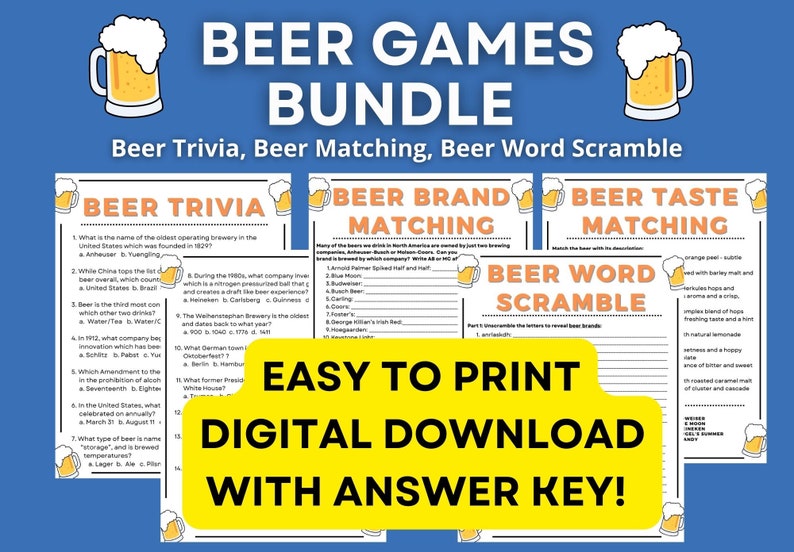 Beer Games Bundle! Digital Download Includes Beer Trivia, Beer Brand ...