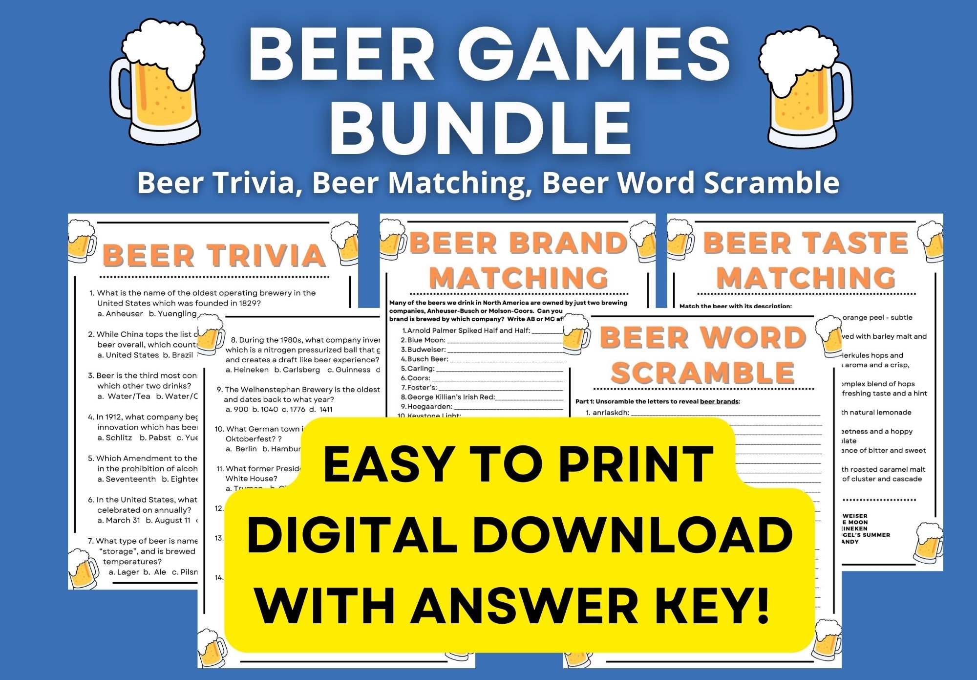 Beer Games Bundle! Digital Download Includes Beer Trivia, Beer Brand ...