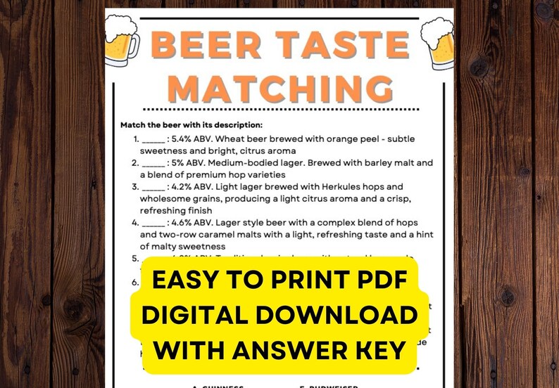 Beer Taste Matching Game With Answer Key! Instant Digital Download PDF ...