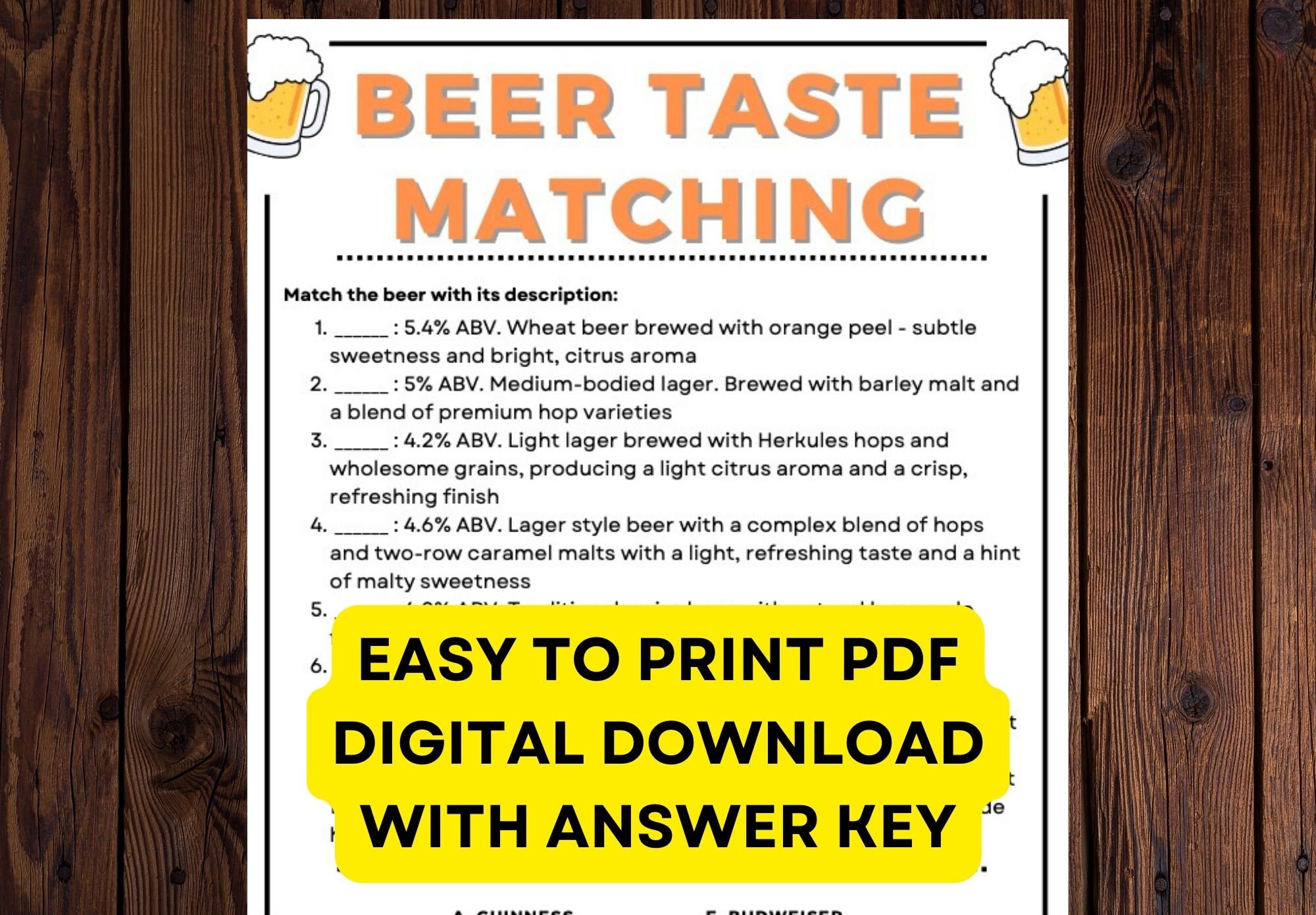 Beer Taste Matching Game With Answer Key! Instant Digital Download PDF ...