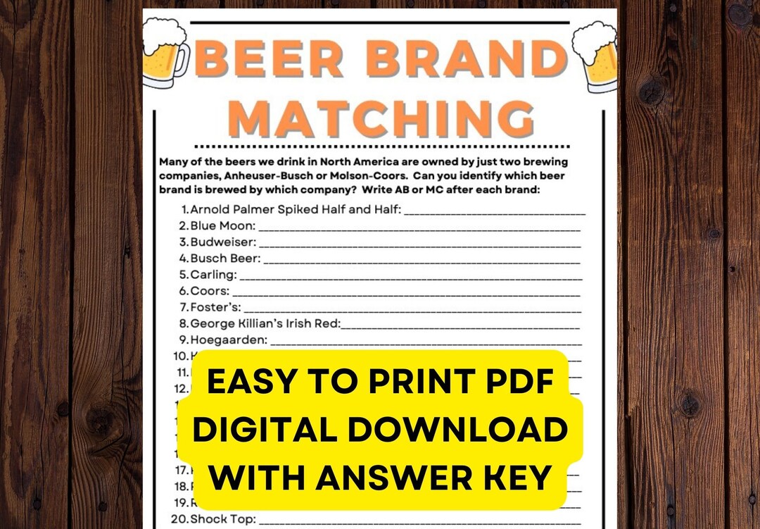 Beer Brand Matching Game With Answer Key! Instant Digital Download PDF ...