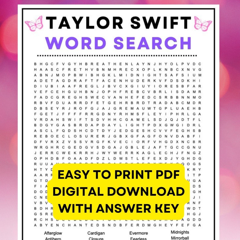 Taylor Swift Word Search Game! PDF Digital Instant at Home Download ...