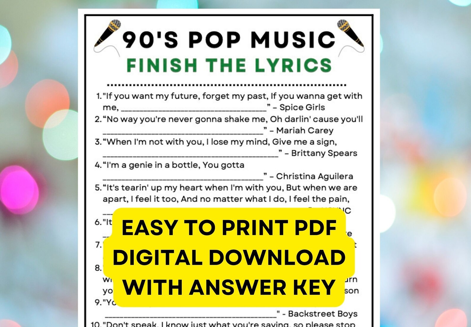 90s Pop Music Game Finish The Lyrics PDF Instant Printable Game With 90s Pop Music Game Finish The Lyrics PDF Instant Printable Game With