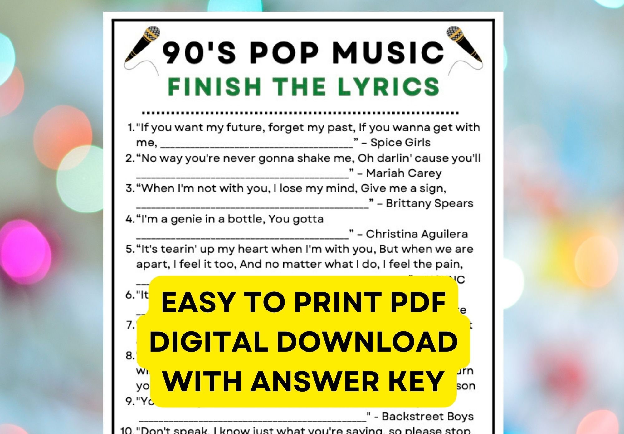 90s Pop Music Game Finish The Lyrics PDF Instant Printable Game With 90s Pop Music Game Finish The Lyrics PDF Instant Printable Game With