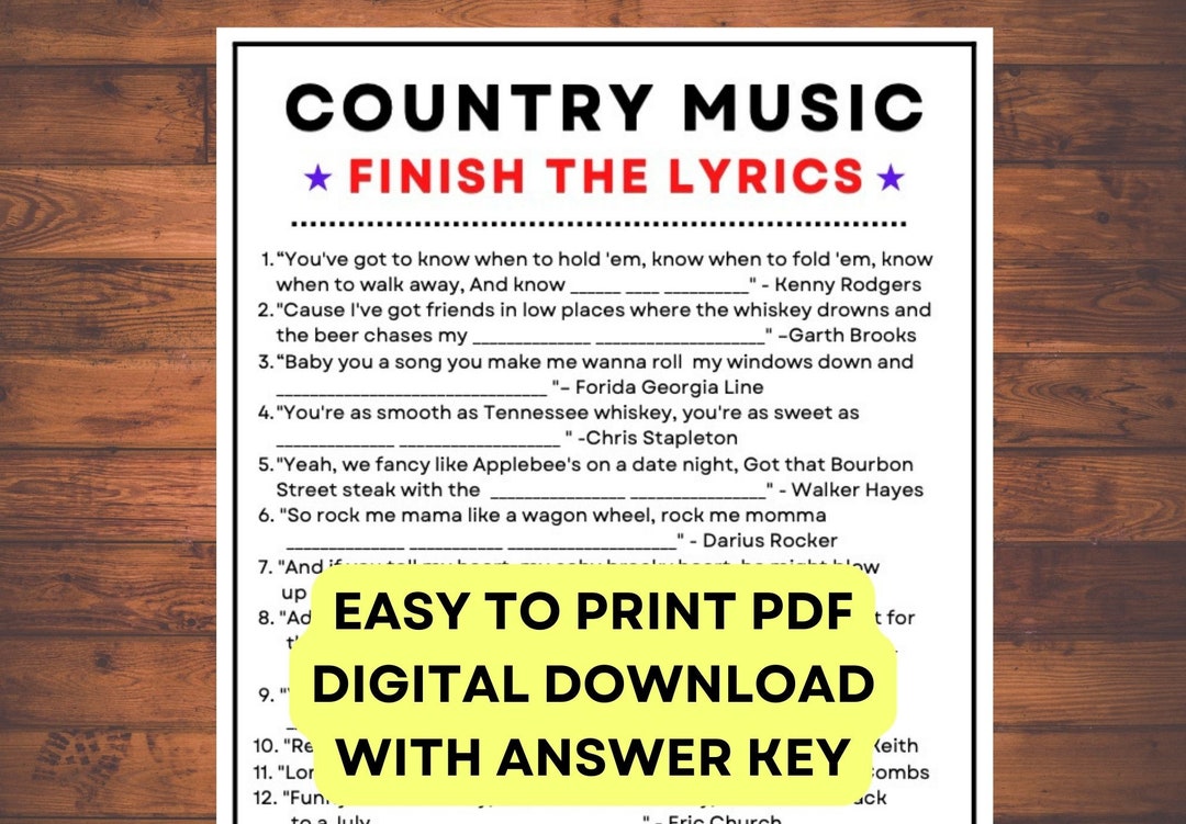Country Music Finish the Lyrics Game Digital PDF Instant Printable ...