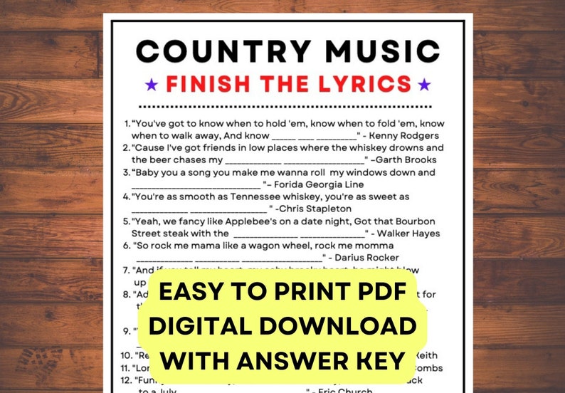 Country Music Finish the Lyrics Game Digital PDF Instant Printable ...