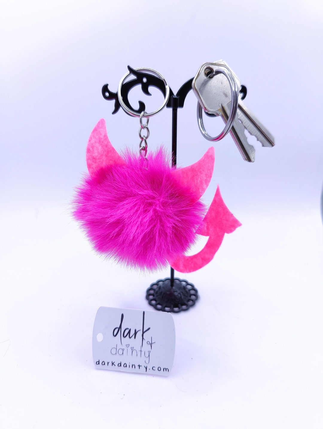 Punk Gothic Style Rearview Mirror Hang: Cute Fluffy Hot Pink Devil Puff ...