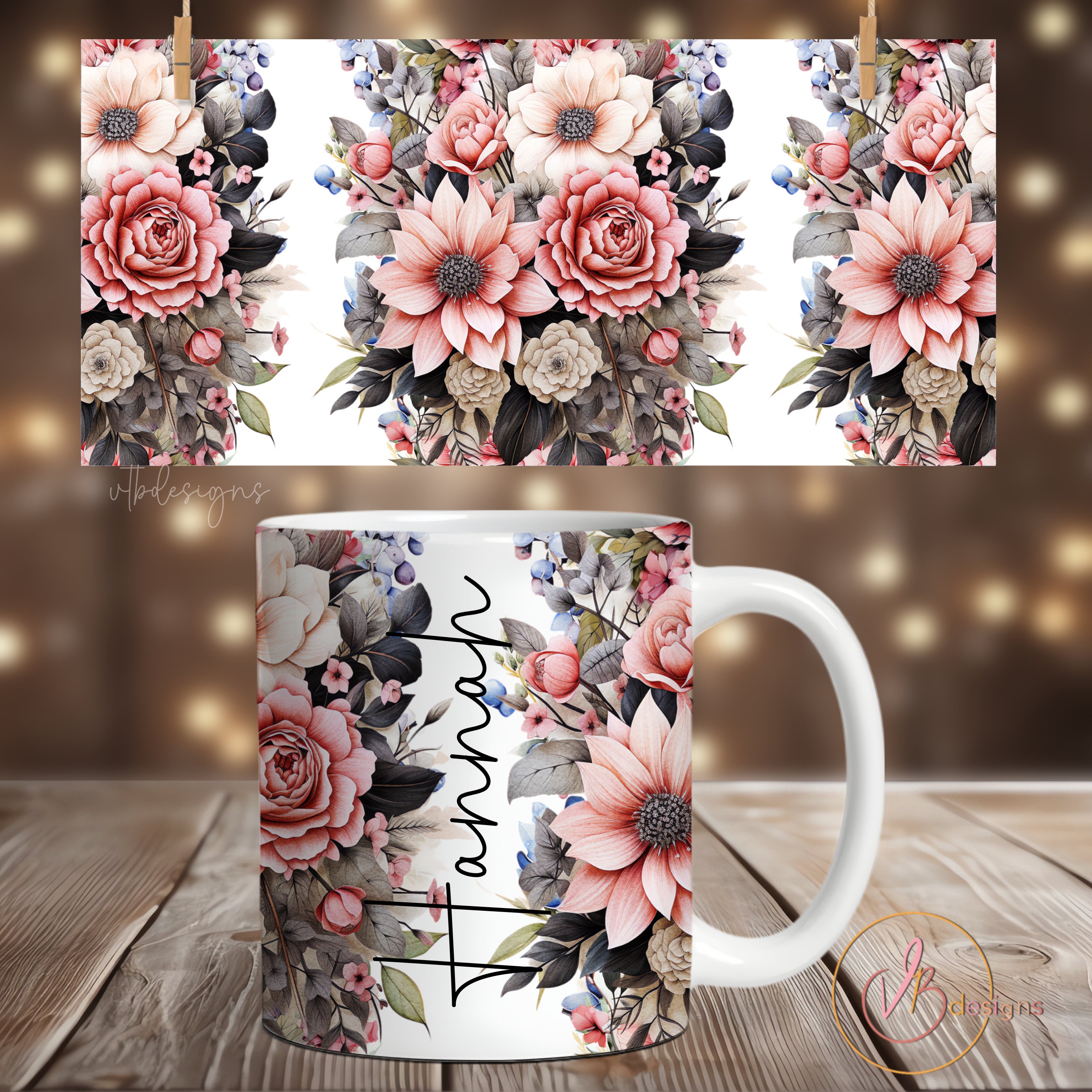 Floral Coffee Mug Sublimation Designs, Add Name Mug Wrap PNG, 11 Oz Mug ...