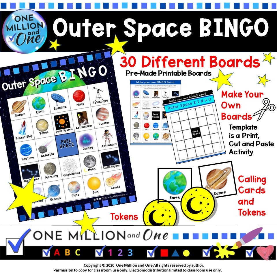 Outer Space BINGO Activity Game Set of 30 Game Boards and a Make Your ...