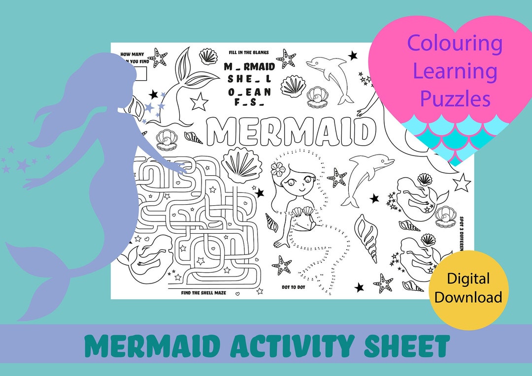 Mermaid Activity, Puzzle & Colouring Sheet Printable Pages Digital ...