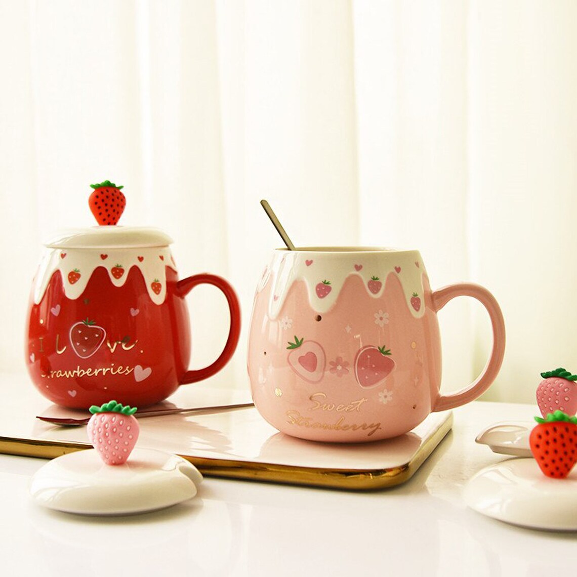 Strawberry Coffee Mug With Lid Strawberry Mug Ceramic Coffee - Etsy
