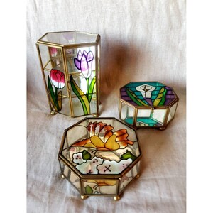 Mini Vintage Footed Brass and Glass Display Case, Faux Stained Glass ...