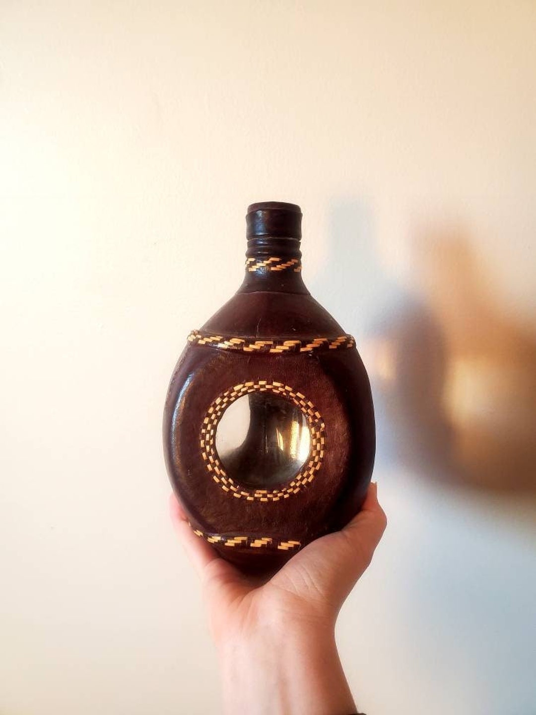 Unique Triangle Bottle, Leather Covered Pinch Glass Bottle, Unusual ...