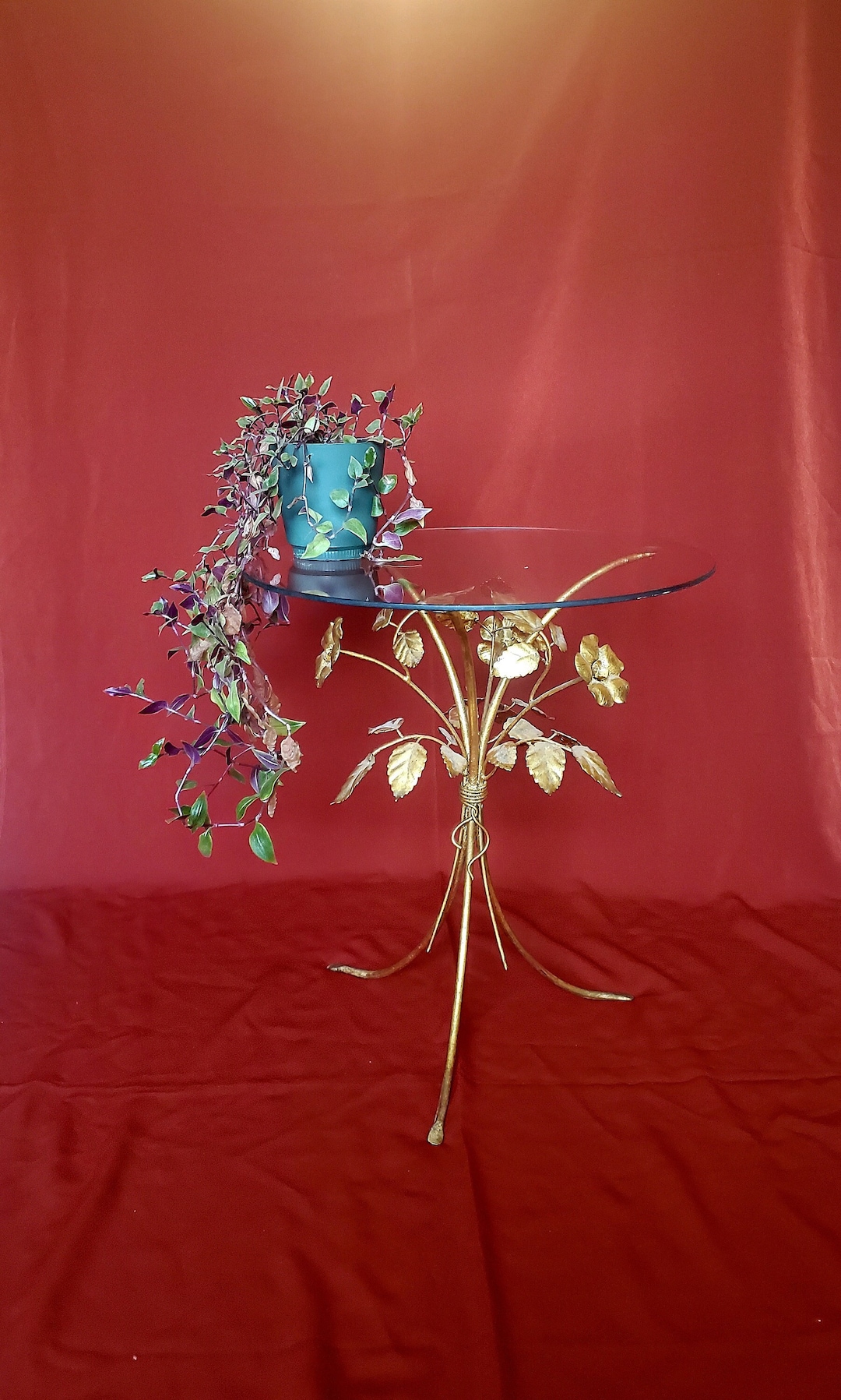 Glass Vintage Side Table, Round Vintage Glass Table, Vintage Gold ...