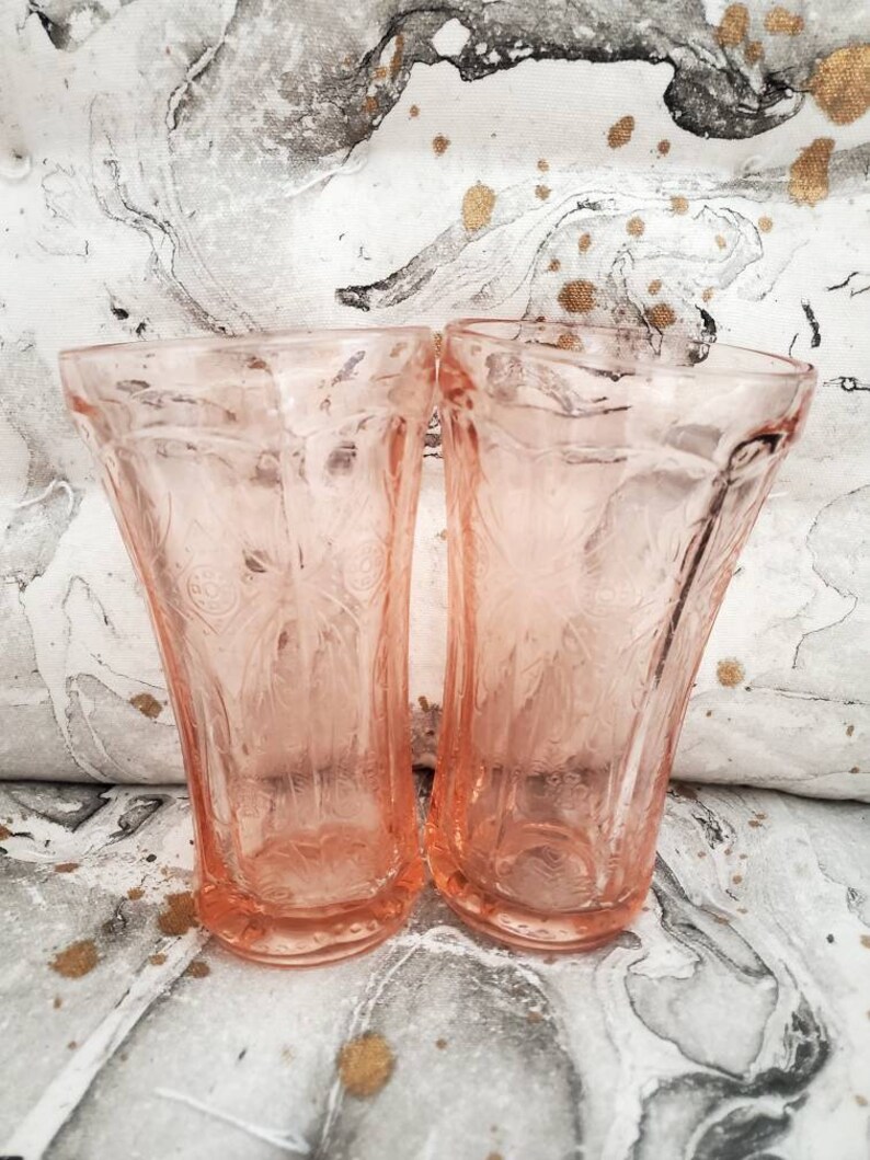 Vintage Pink Pair Of Drinking Glasses Flat Tumbler Recollection Clear