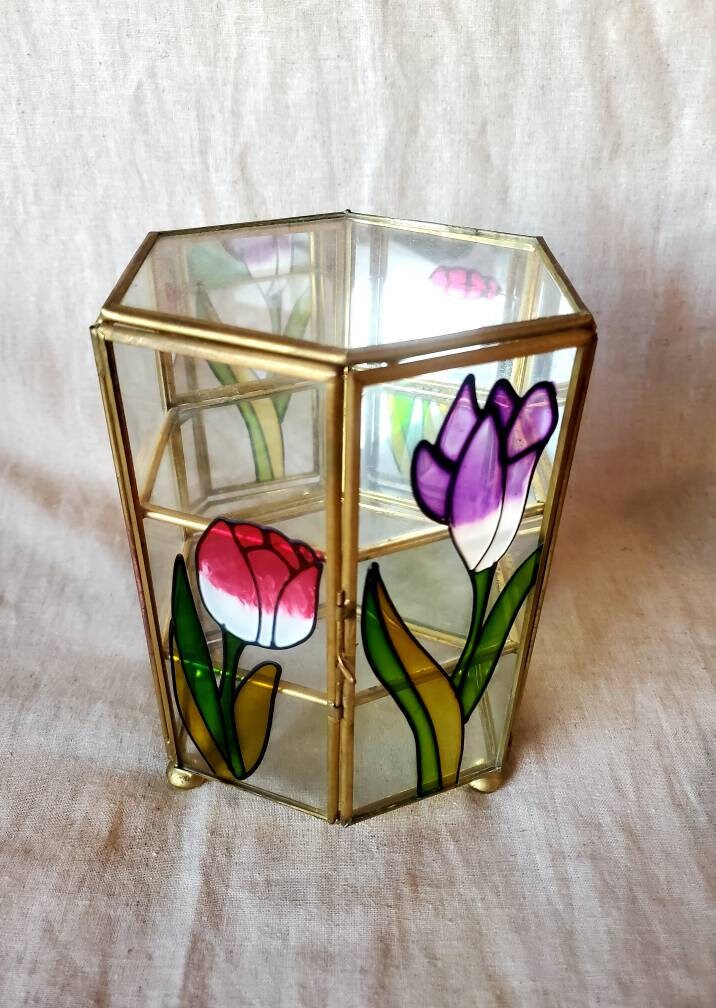 Mini Vintage Footed Brass and Glass Display Case, Faux Stained Glass ...