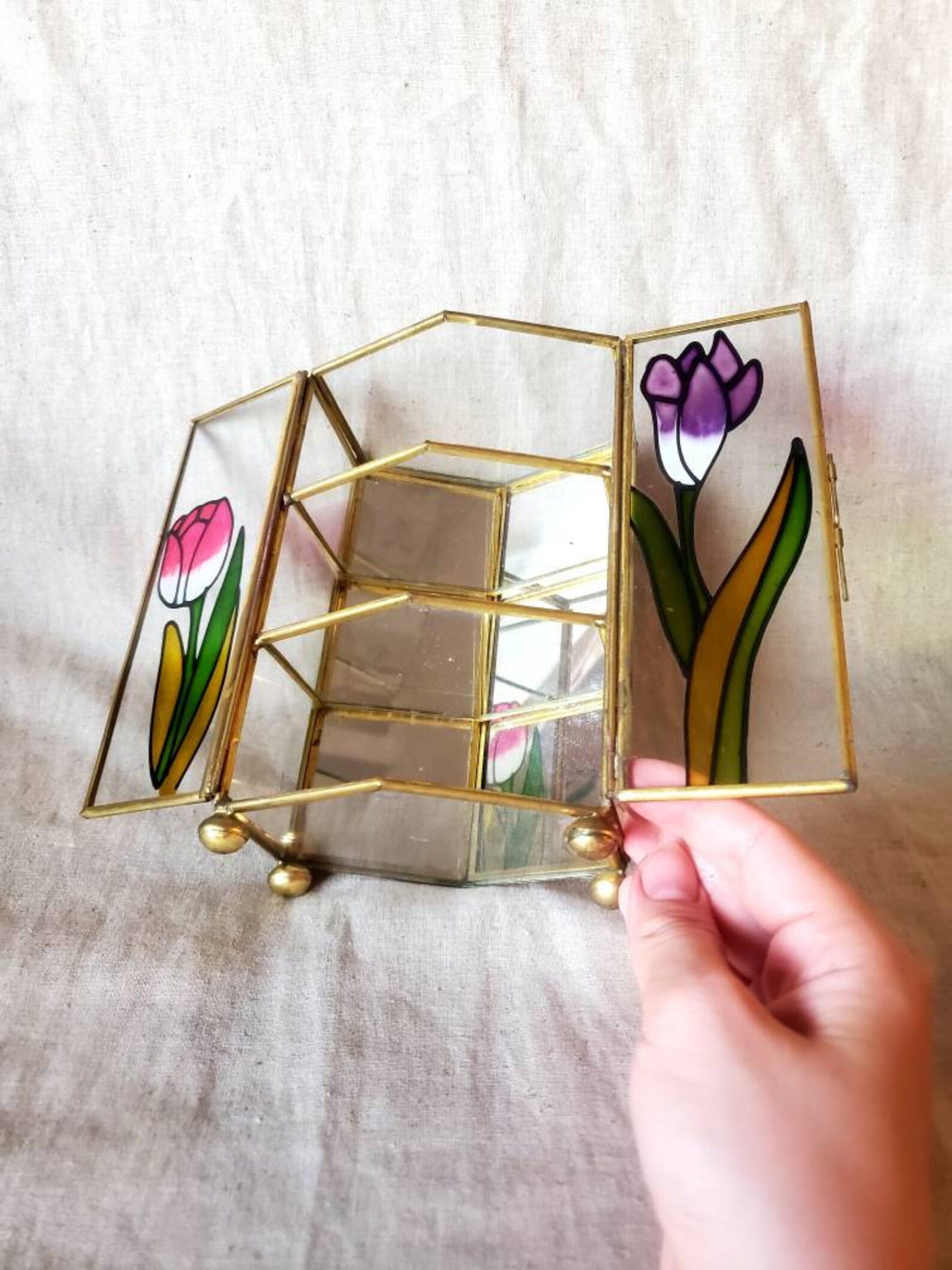 Mini Vintage Footed Brass and Glass Display Case, Faux Stained Glass ...