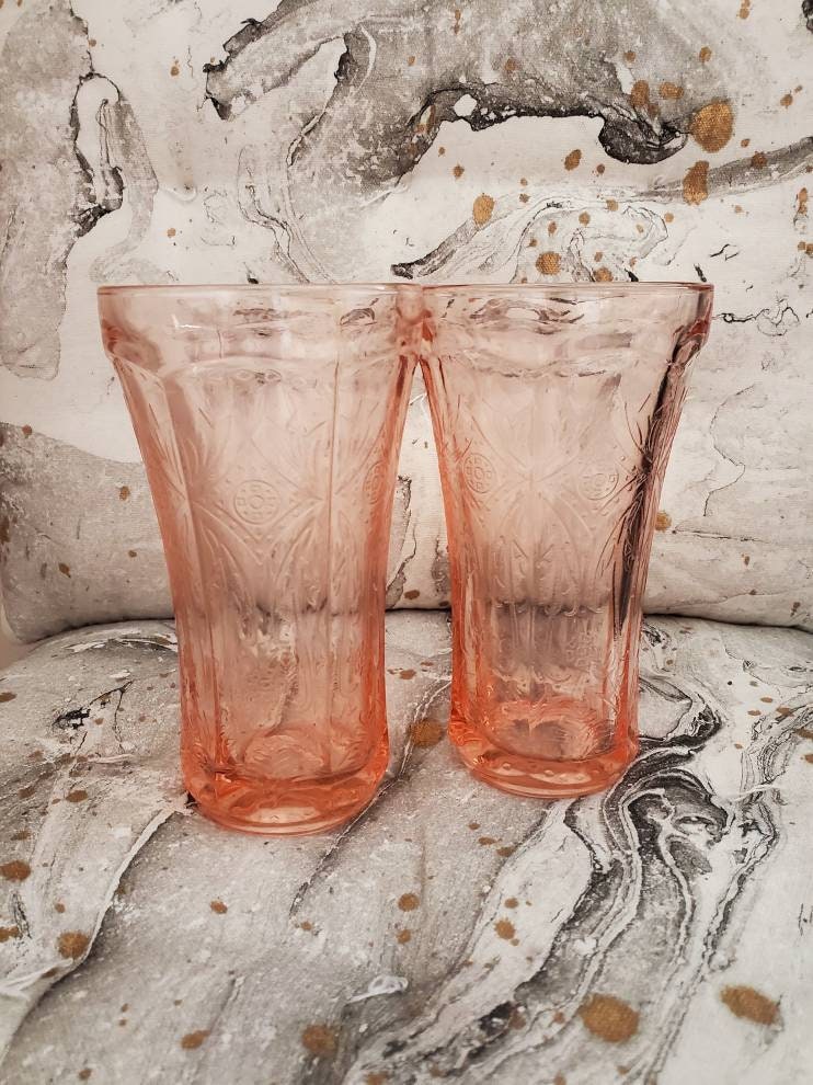 Vintage Pink Pair Of Drinking Glasses Flat Tumbler Recollection Clear