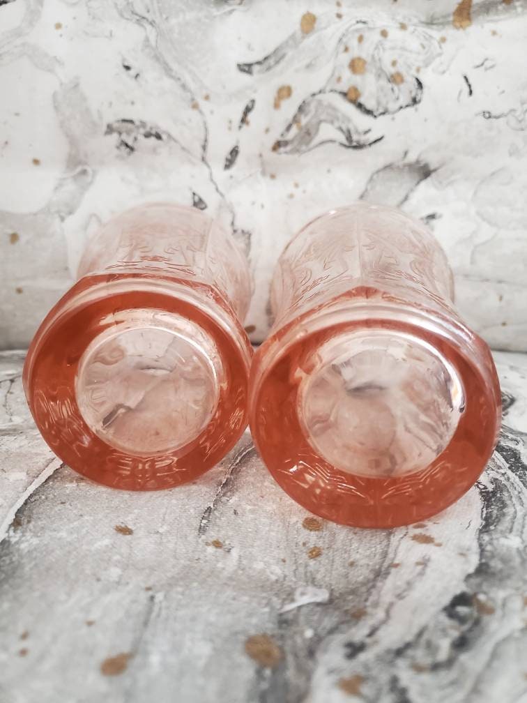 Vintage Pink Pair Of Drinking Glasses Flat Tumbler Recollection Clear