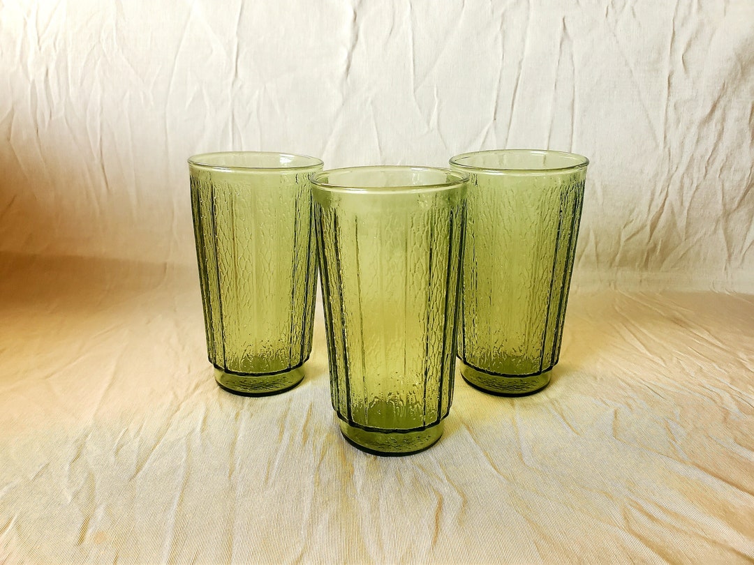 Vintage Green Reeded Wheatgrass Drinking Glass, 3 Coloured Glass Water ...