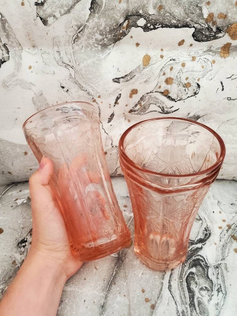 Vintage Pink Pair Of Drinking Glasses Flat Tumbler Recollection Clear